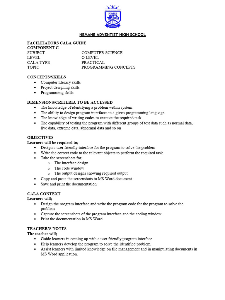 COMPONENT 3 O Level Cala Guide | PDF | Computer Program | Programming