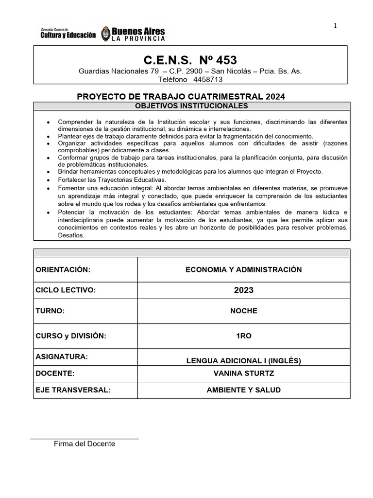 Cens 1âº I - Proyecto 2023 | PDF | Evaluación | Enseñando