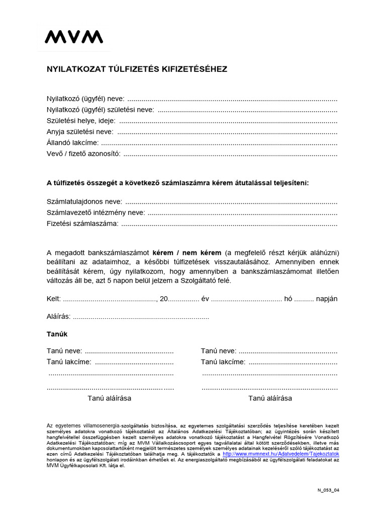 N 053 04 Nyilatkozat Tulfizetes Kifizetesehez ESZ MVM 2024 | PDF