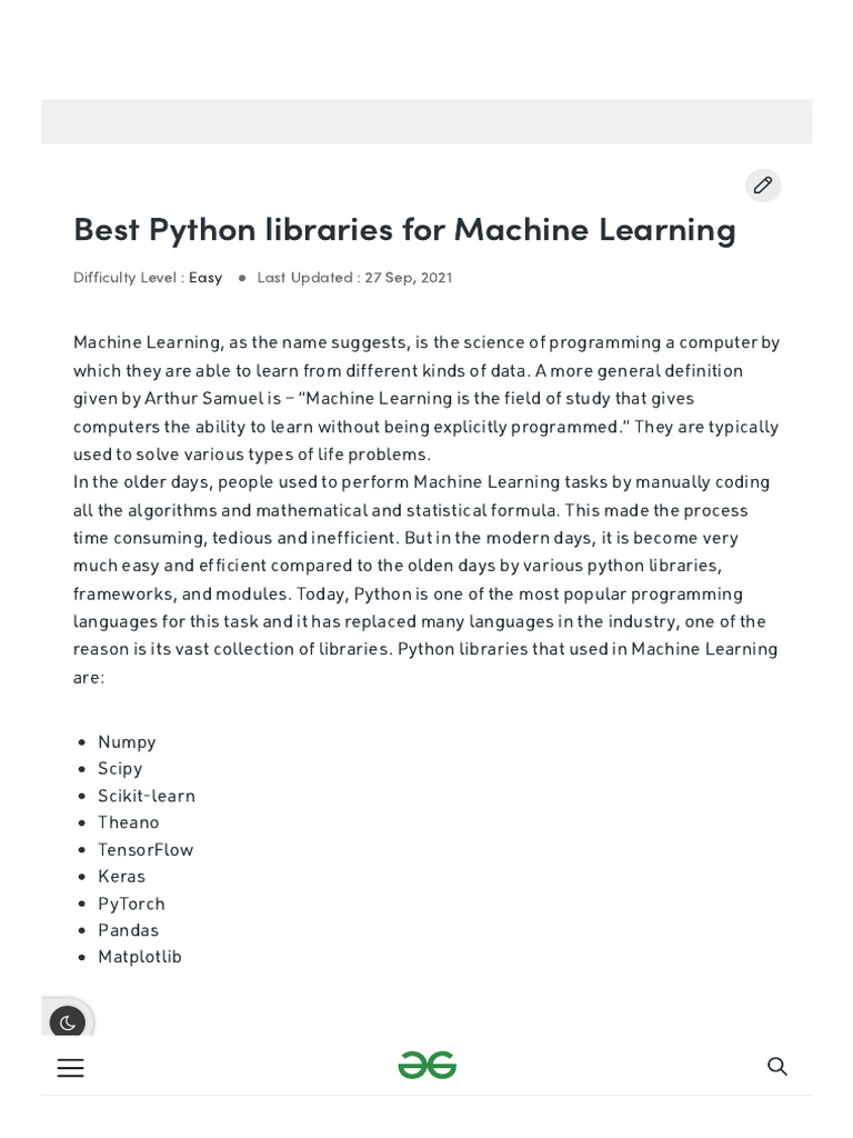 Best Python Libraries For Machine Learning - GeeksforGeeks | PDF ... Best Python Libraries For Machine Learning - GeeksforGeeks | PDF ...