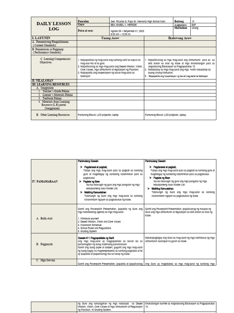 ESP 10 - DLP Unang Araw NG Pagpasok | PDF