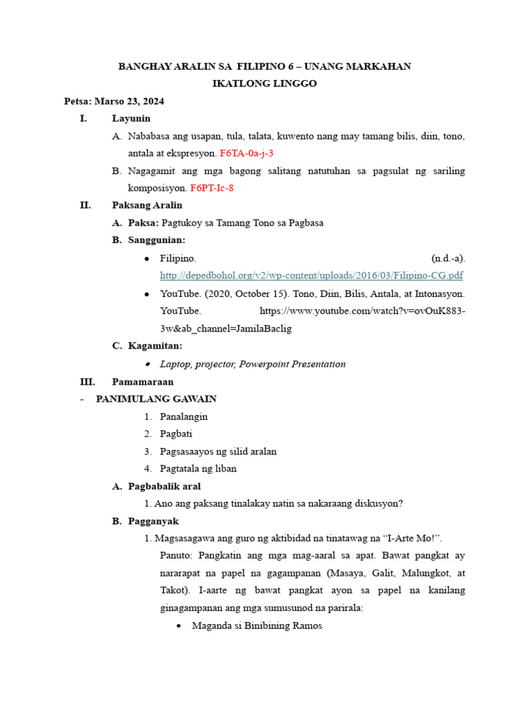 Banghay Aralin Sa Filipino 6 | PDF