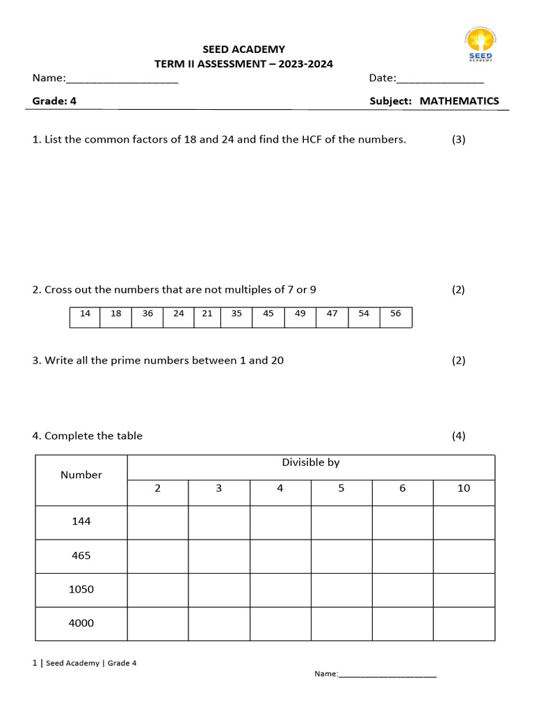 Grade 4 - Math - Term2 - Assessment - v2 | PDF | Numbers | Elementary ...