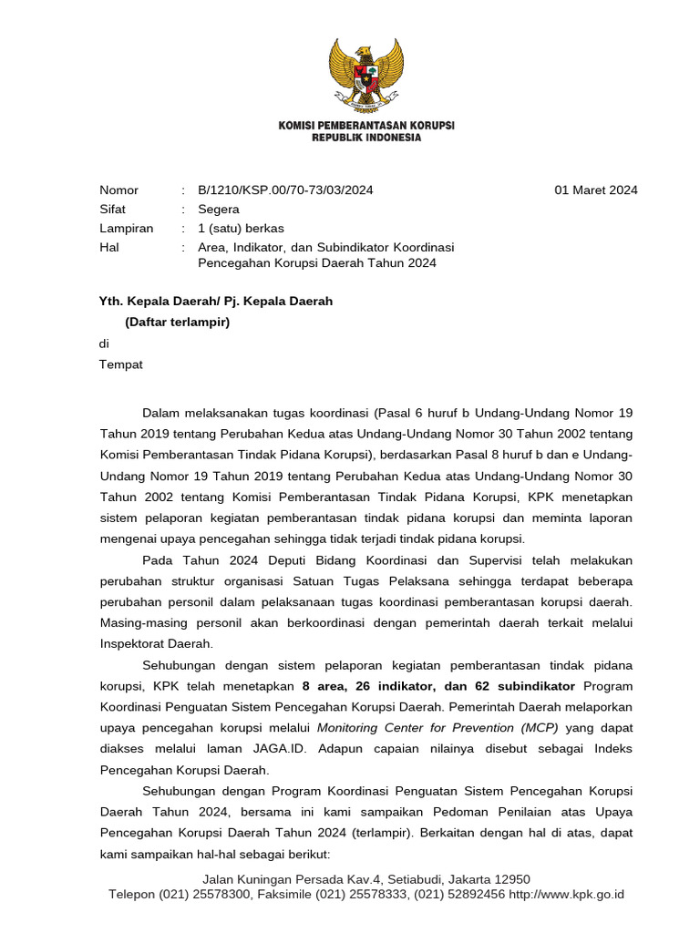 Pedoman MCP KPK 2024 untuk Daerah | PDF
