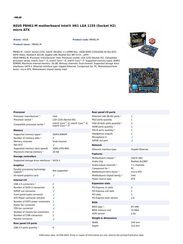 ASUS P8H61-M Motherboard Intel® H61 LGA 1155 (Socket H2) Micro ATX | PDF | Computer Hardware ...