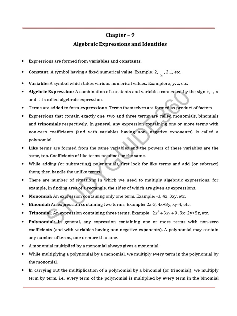 08 Maths Key Notes CH 09 Algebraic Expressions and Identities Unlocked ...