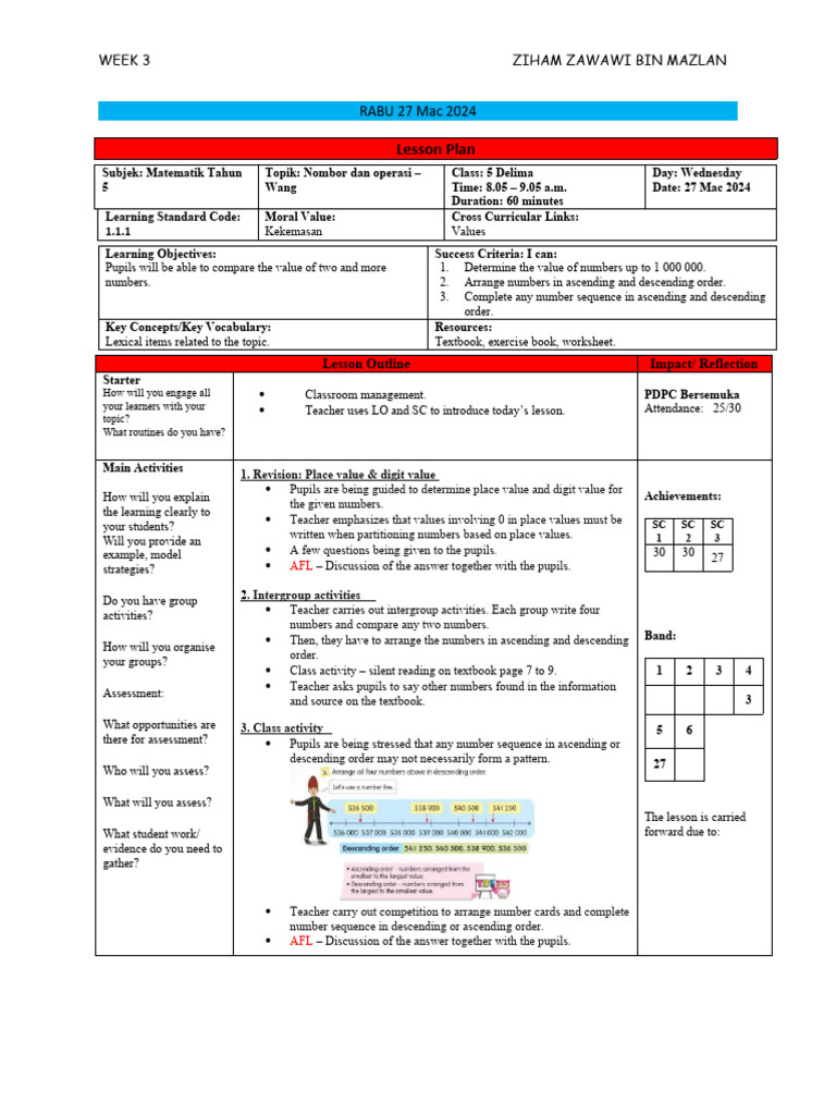 27 Mac 2024 RABU - 1. Masa Pertama - MT 5 DELIMA | PDF | Lesson Plan | Teachers