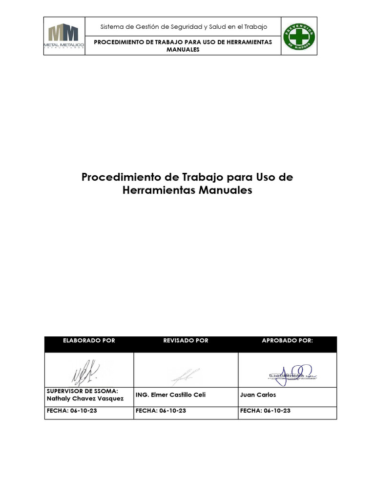 Procedimiento de Trabajo para Uso de Herramientas Manuales | PDF | Herramientas | Calidad ...