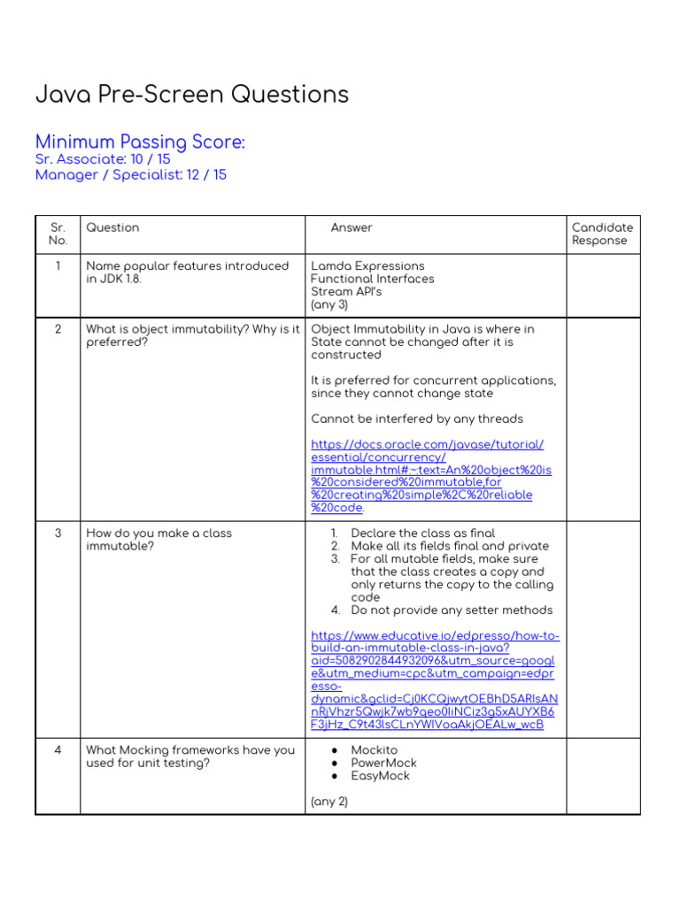 Java Pre-Screen Questions - Blank | Download Free PDF | Java (Programming Language) | Computing ...