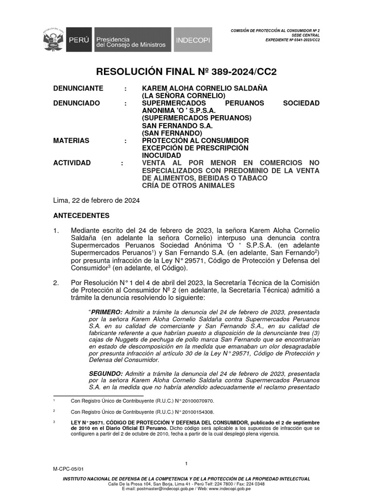 Resolución Final #389-2024/CC2 | PDF | Seguridad alimenticia | Alimentos