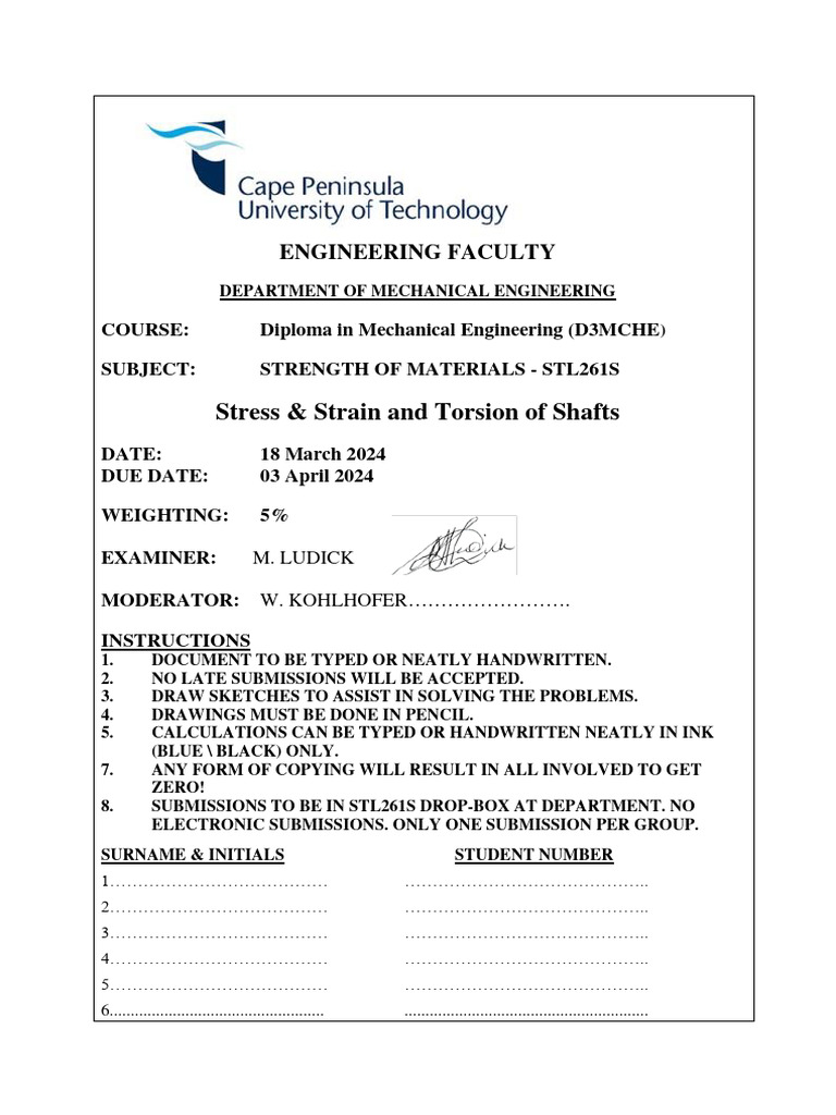 STL261S Assignment 1 Stress and Strain & Torsion of Shafts 2024 | PDF ...