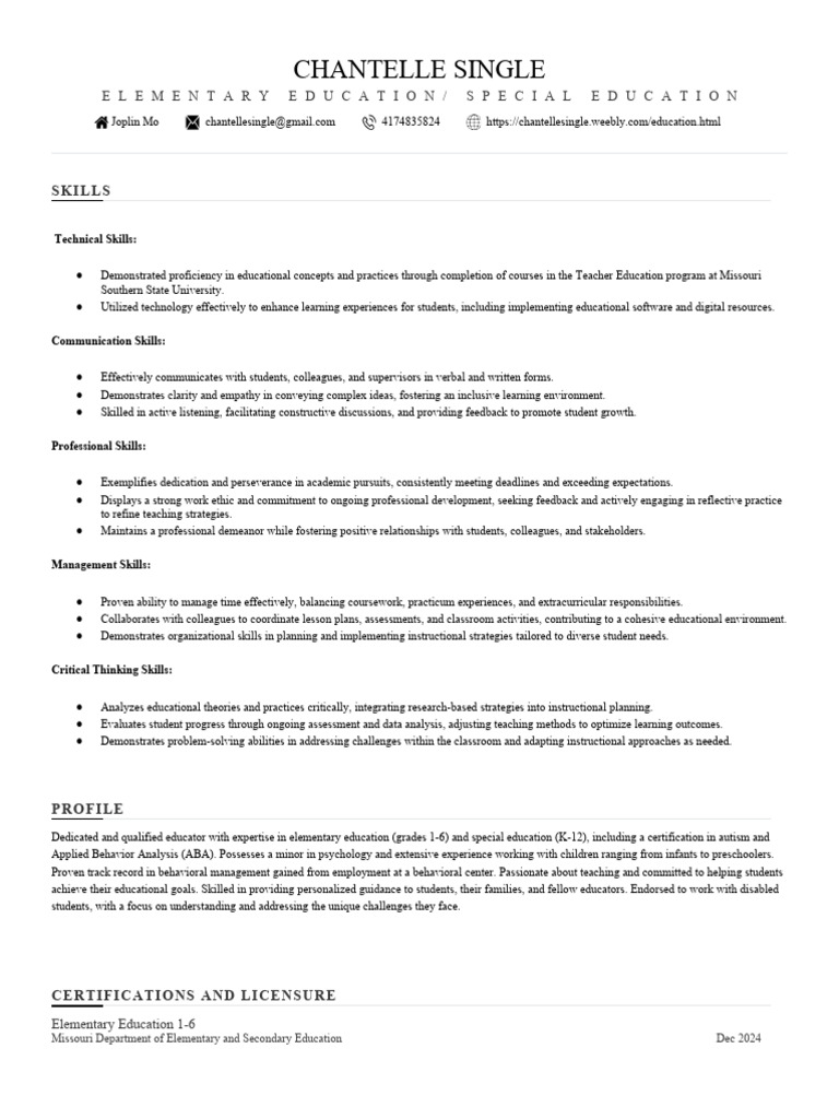Chantelle Single Resume | PDF | Teachers | Learning