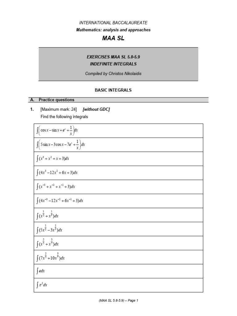 Indefinite Integrals Practice MAA SL 5.8-5.9 | PDF | Differential ...