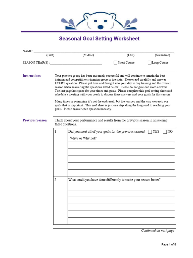 Seasonal Goal Setting Worksheet: Instructions | PDF | Goal Setting ...