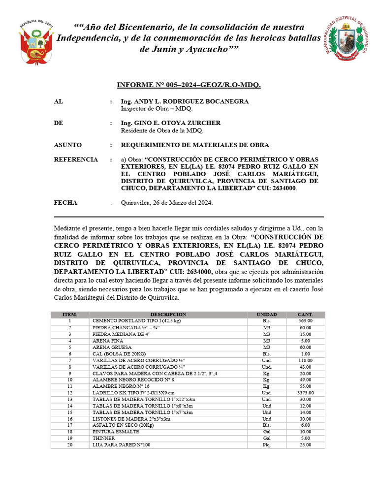 Inf. #005-2024 Req. de Materiales de Obra | PDF | Pintar | Hormigón
