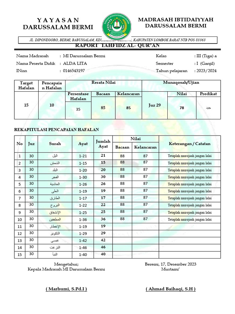 RAPORT TAHFIDZ Baru | PDF
