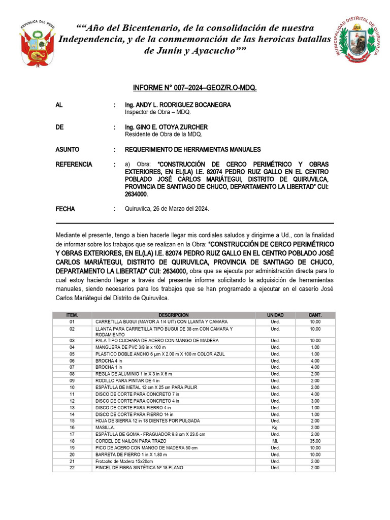 Inf. #007-2024 Req. de Herramientas Manuales | PDF | Abrasivo | Hormigón