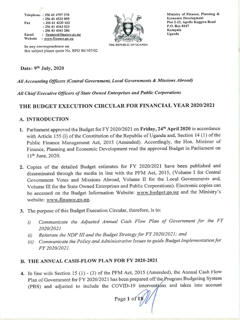 The Budget Execution Circular For Financial Year 2020-2021 | PDF