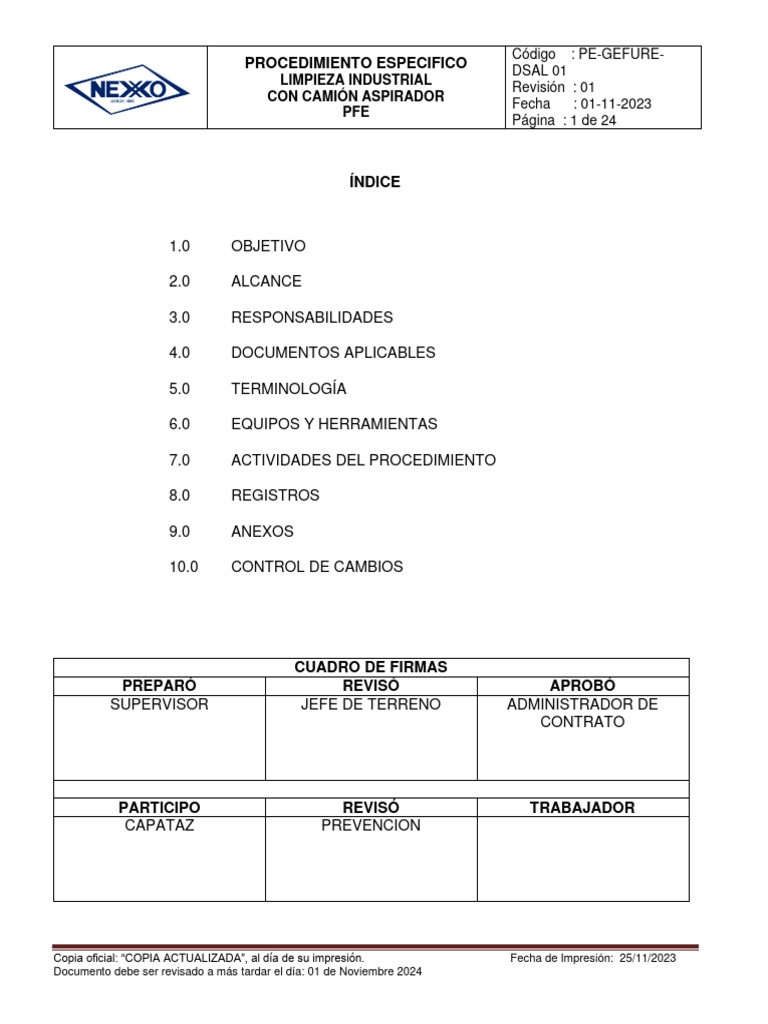 Pe-Gefure-Dsal 01 Limpieza Industrial Con Camión Aspirador Pfe Rev01 | PDF