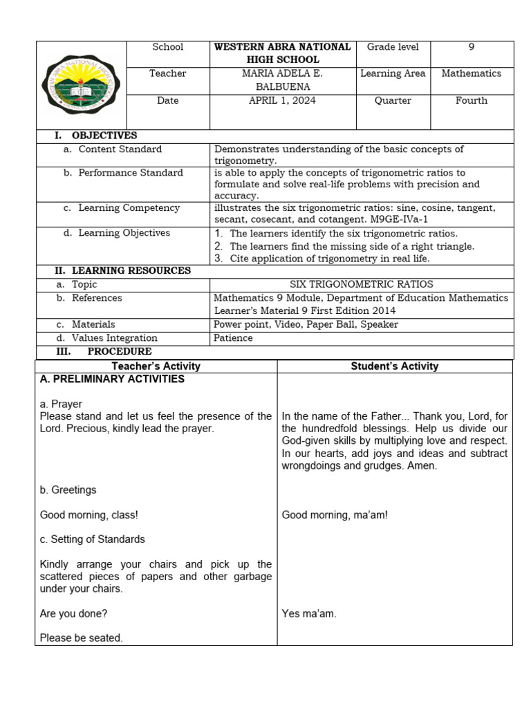 6-Trigonometric-Ratios LP | PDF | Trigonometry | Trigonometric Functions