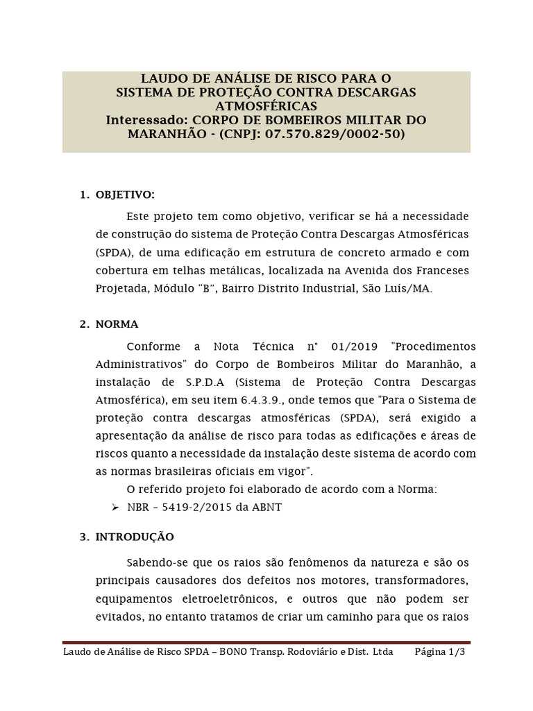 CBMMA - Laudo de Risco SPDA | PDF | Relâmpago