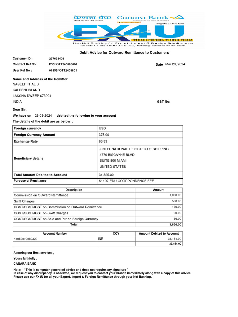 Outward Remittance Debit Advice | PDF | Debit Card | Money