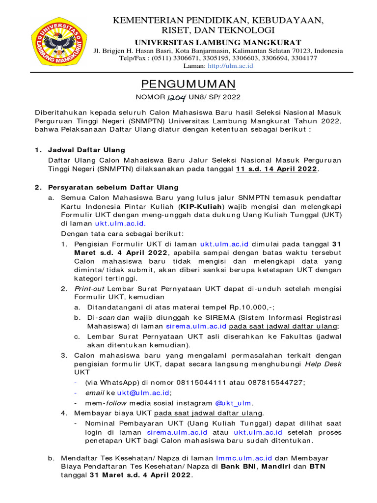 Pengumuman Daftar Ulang SNMPTN 2022 | PDF