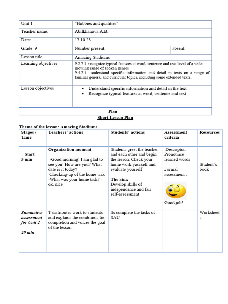 Lesson Plan SAU, Amazing Stadiums 9 GR | PDF | Lesson Plan | Cognitive ...
