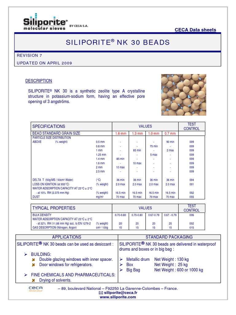 Fiche Produit Siliporite® NK 30 | PDF | Adsorption | Chemical Process ...