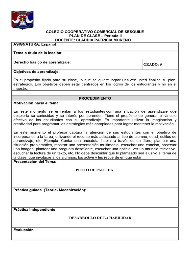 Plan de Clase Español Grado 6 | PDF