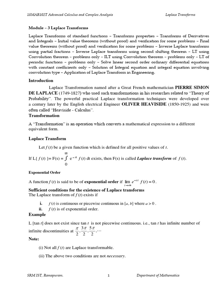 Unit 3 - Laplace Transforms | PDF | Laplace Transform | Equations