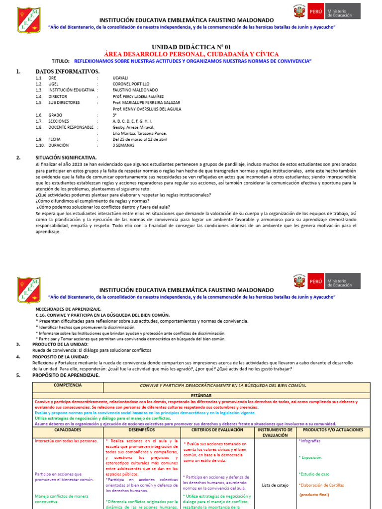 3°dpcc-Unidad Didáctica N°01 | PDF | Evaluación | Aprendizaje
