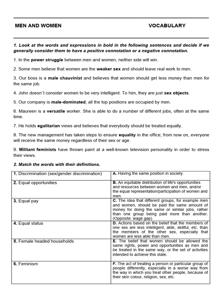 Men and Women Vocabulary & Speaking | PDF | Sexism | Gender Role