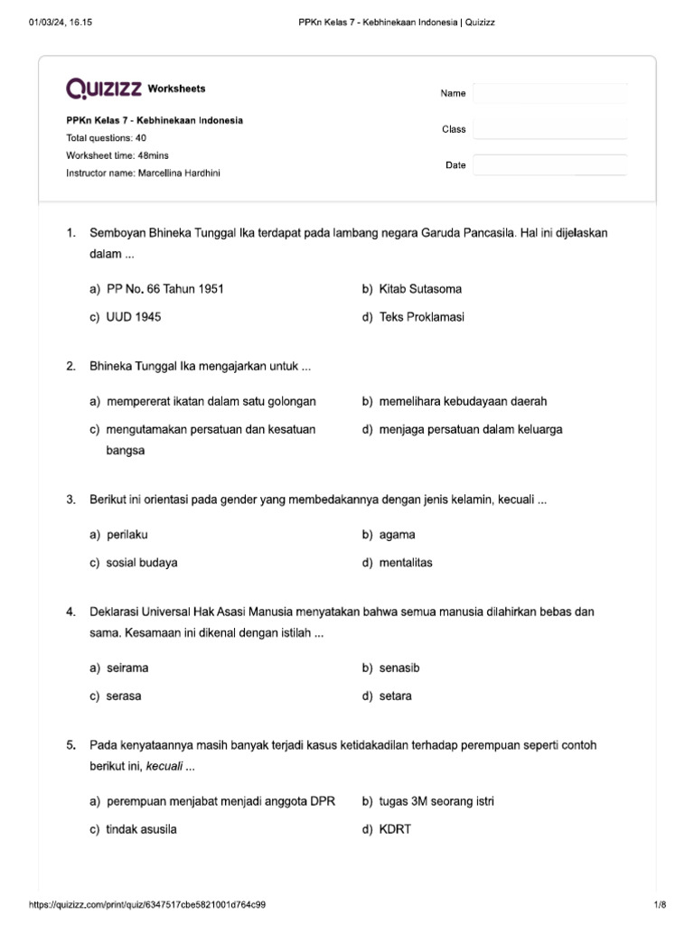 SOal PTS Genap PPKN Kelas 7 2324 | PDF