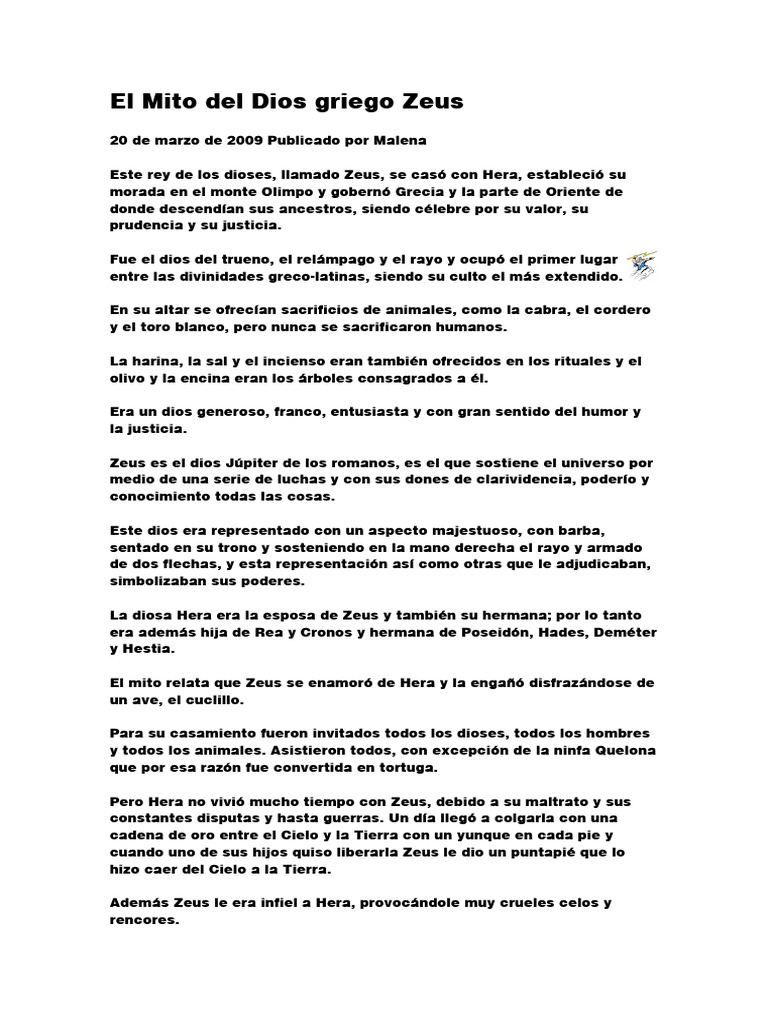 El Mito Del Dios Griego Zeus | PDF | Zeus | Hera