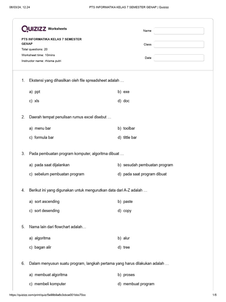 PTS INFORMATIKA KELAS 7 SEMESTER GENAP - Quizizz | PDF