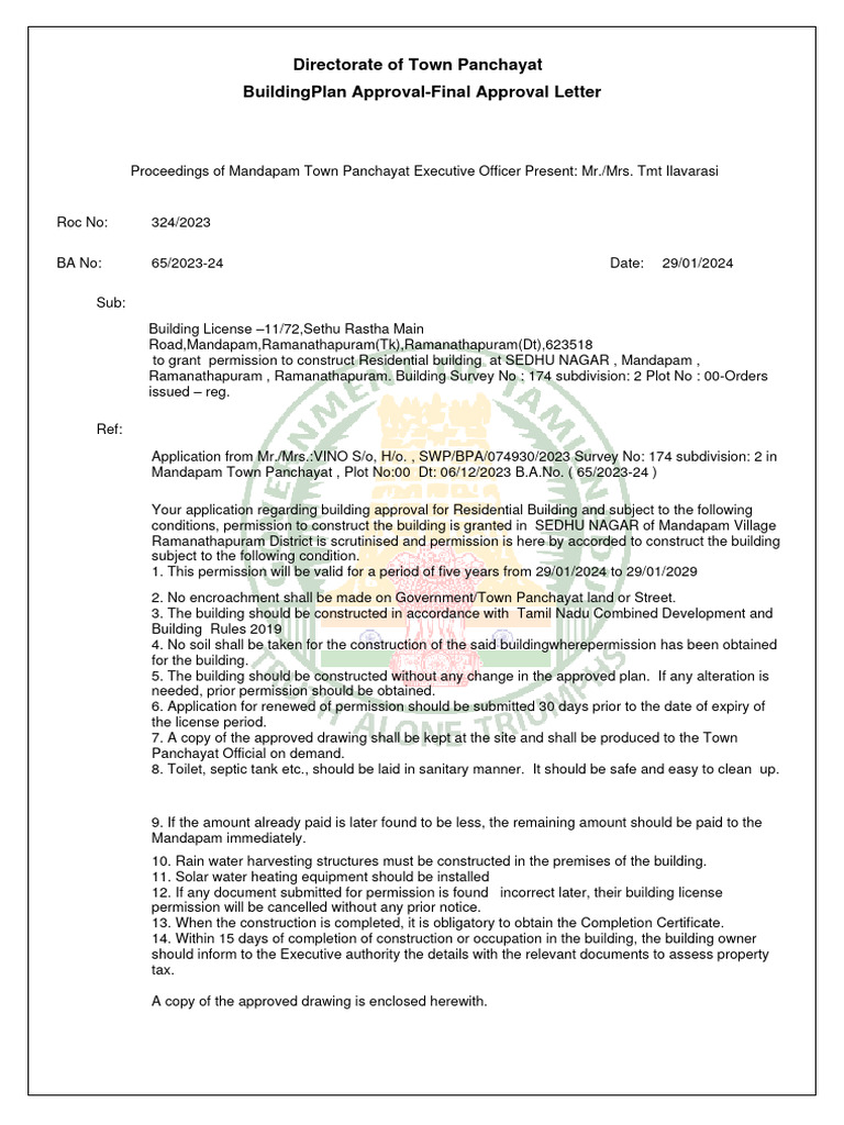 Buildingplan Approval-Final Approval Letter Directorate of Town ...