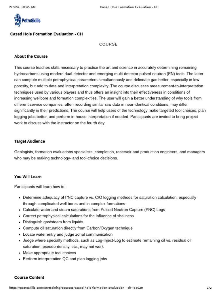 Course Cased Hole Formation Evaluation - CH | PDF