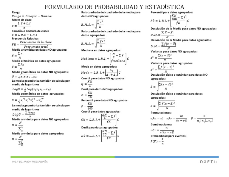 Formulario de Probabilidad y Estadistica | PDF | Media | Cuantil