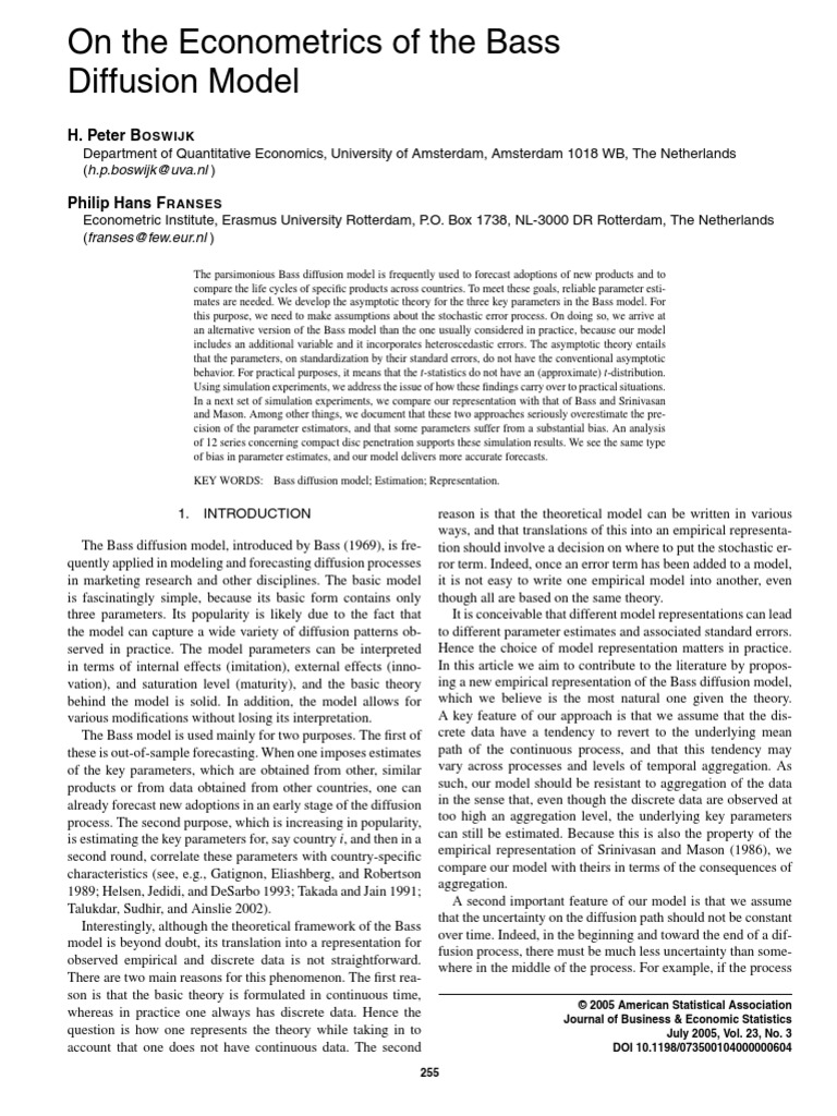 On The Econometrics of The Bass Diffusion Model: H. Peter B | PDF ...