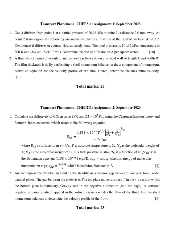 Transport Phenomena Chep 211 Assignment 1 and 2 September 2023 | PDF | Transport Phenomena ...