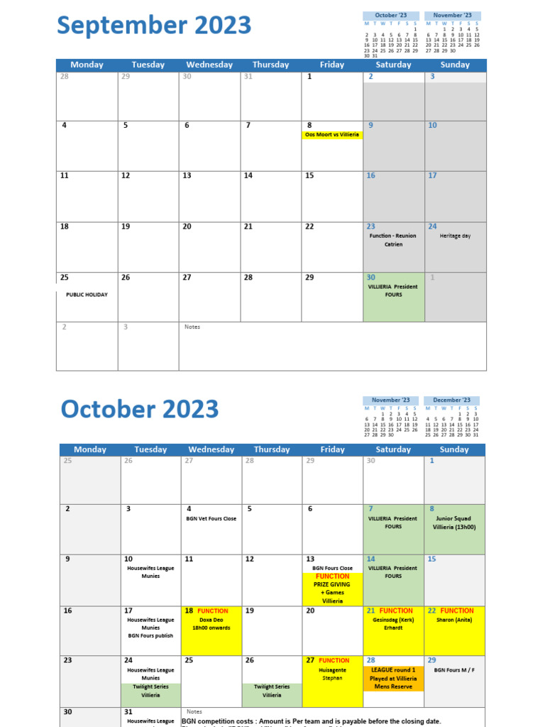 2023 - 24 Villieria Bowls Calendar - Updated 25 March 2024 | PDF