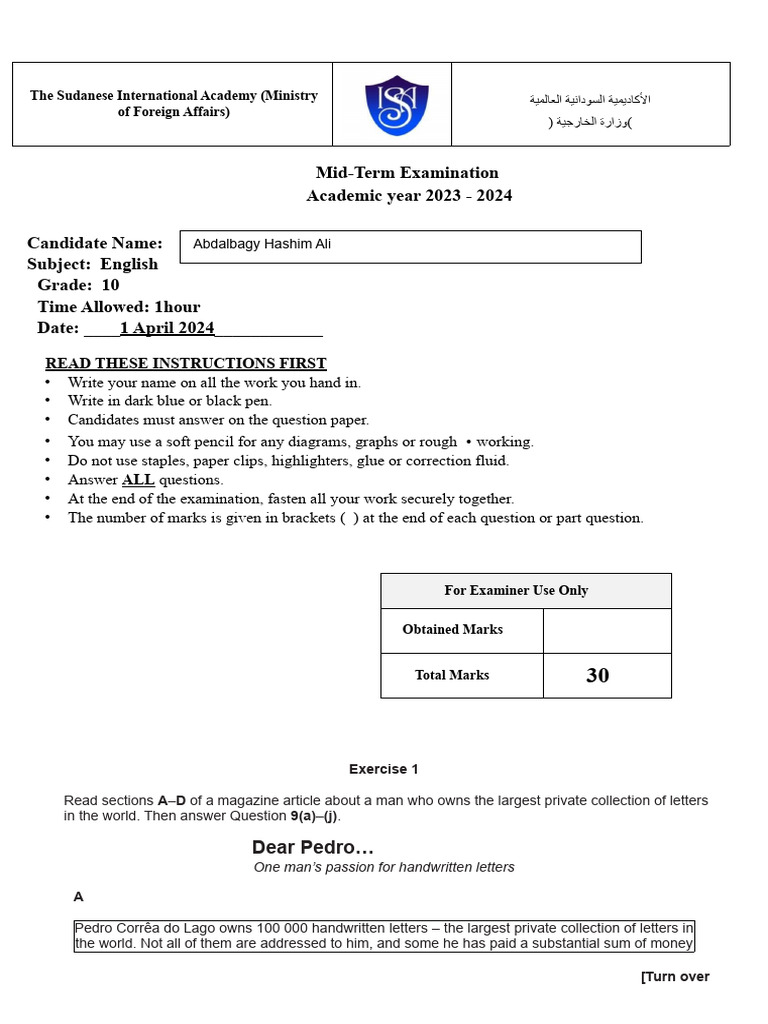 Sia, Grade 10 Mid Term 2024,1 | PDF