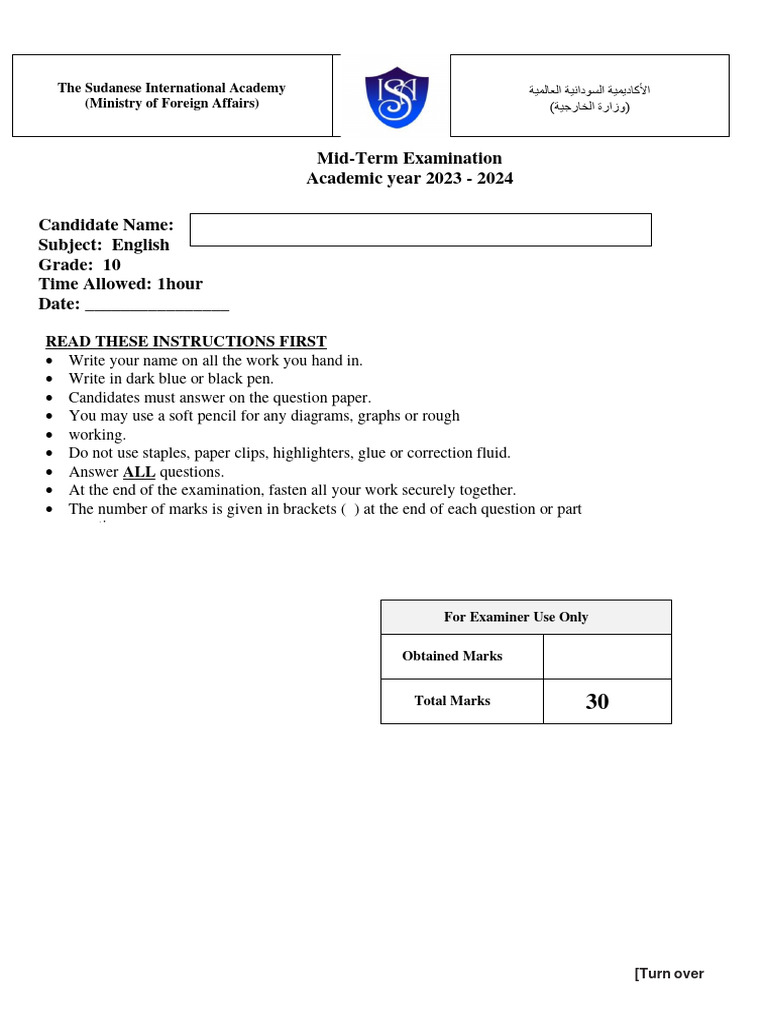 Sia, Grade 10 Mid Term 2024,1 | PDF