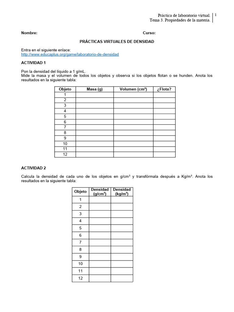 Práctica Virtual de Densidad 2 ESO | PDF | Densidad | Física Aplicada e ...