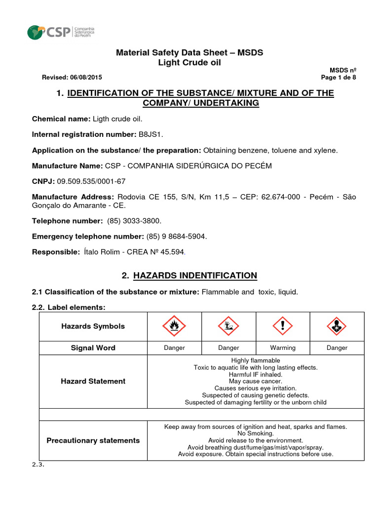 MSDS Fispq BTX | Download Free PDF | Benzene | Personal Protective ...