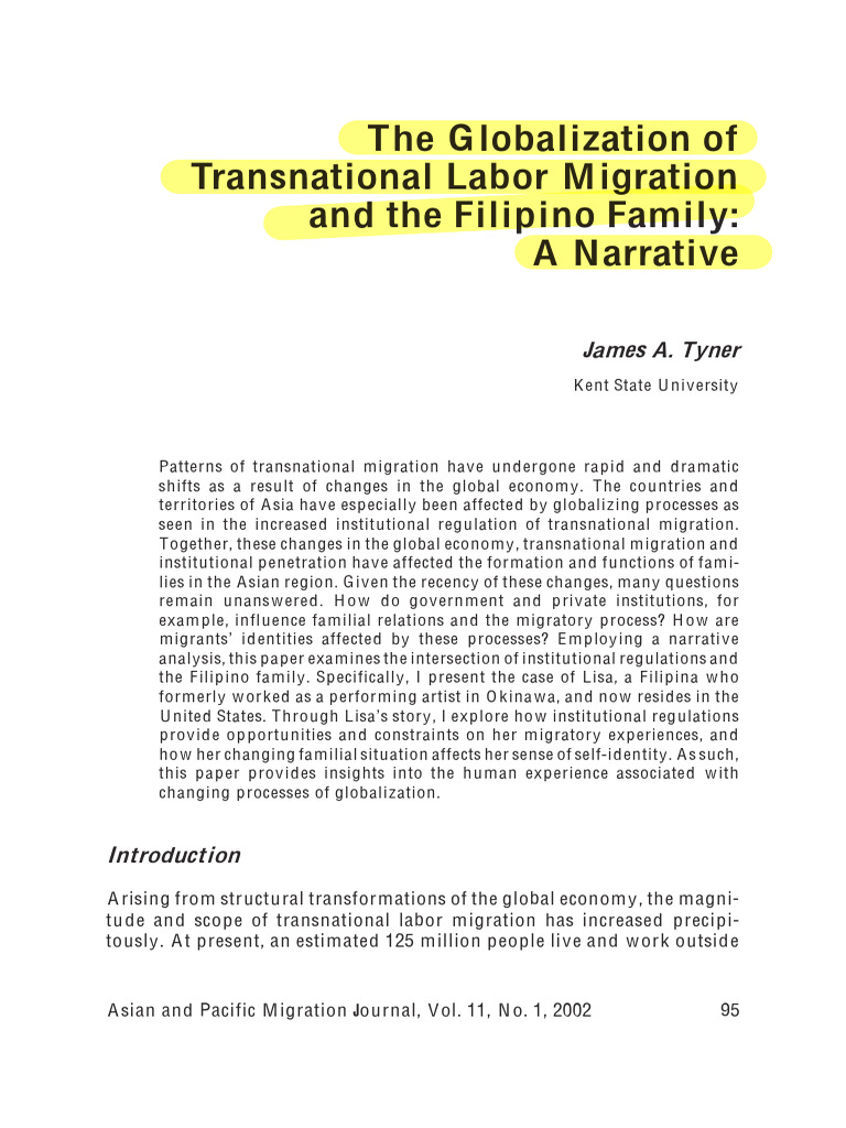 Tyner, James A. 2002.the Globalization of Transnational Labor Migration and The Filipino Family ...
