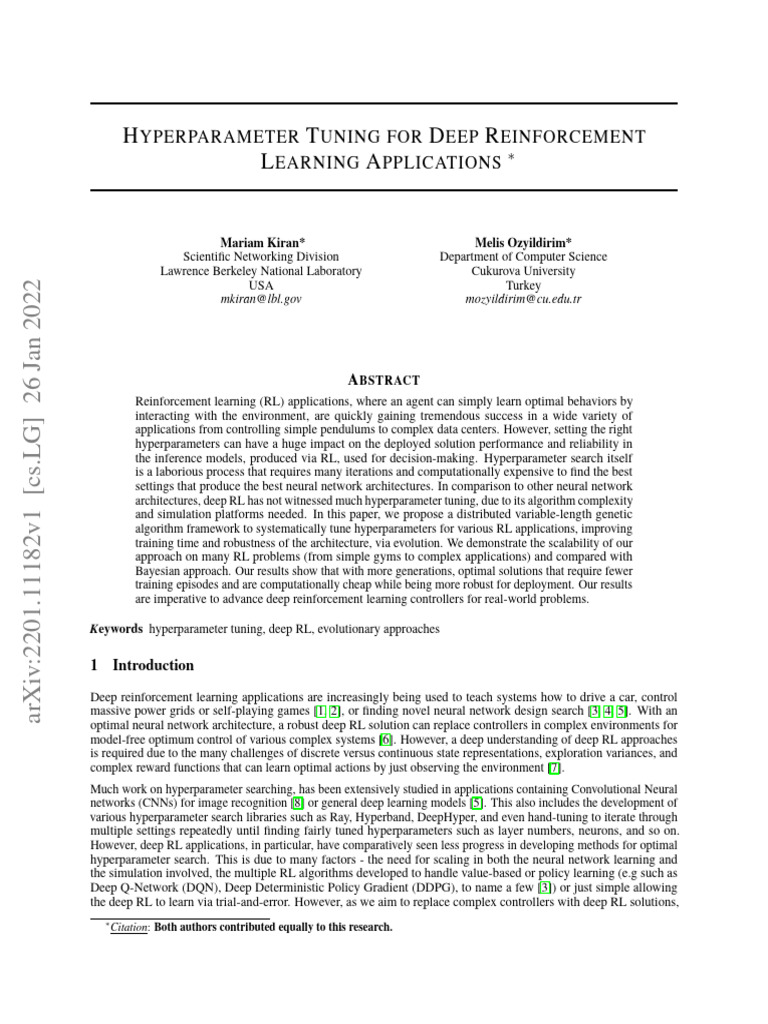 Hyperparameter Tuning For Deep Reinforcement Learning Applications | PDF | Mathematical ...