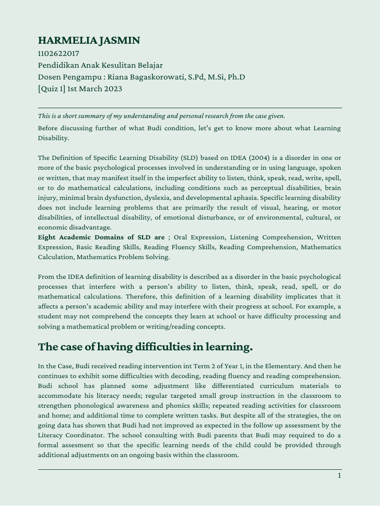 Learning Disabilities Paperwork - Harmelia Jasmin | PDF | Learning Disability | Learning