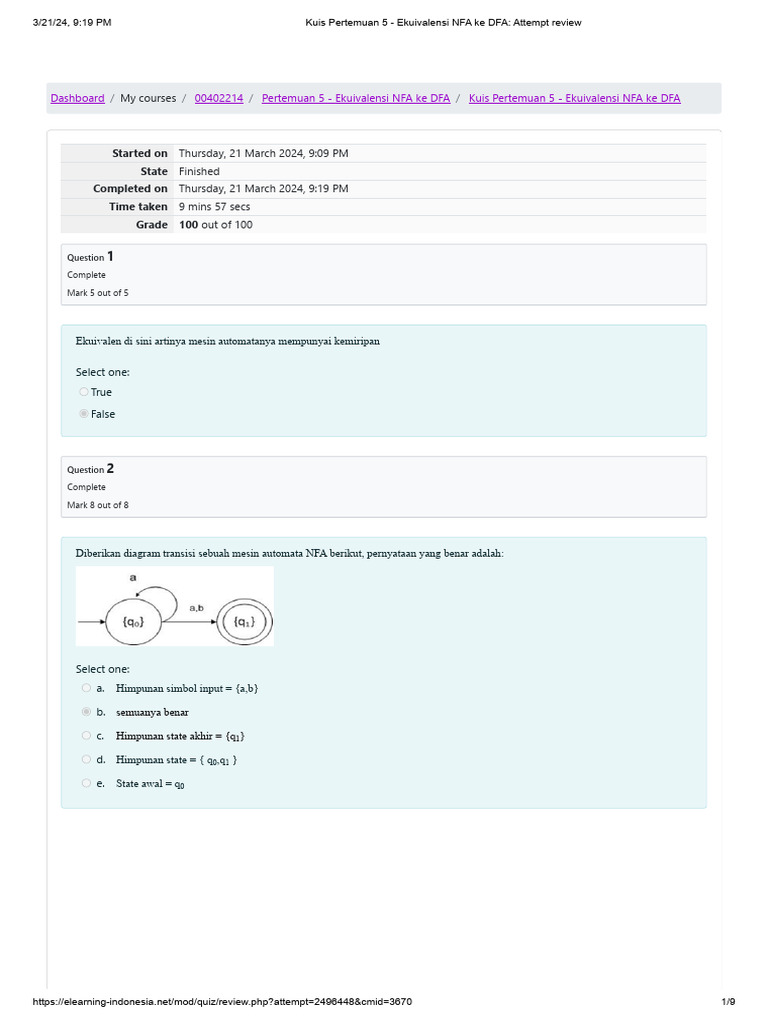 Kuis TBO Pertemuan 5 - Ekuivalensi NFA Ke DFA - Attempt Review | PDF